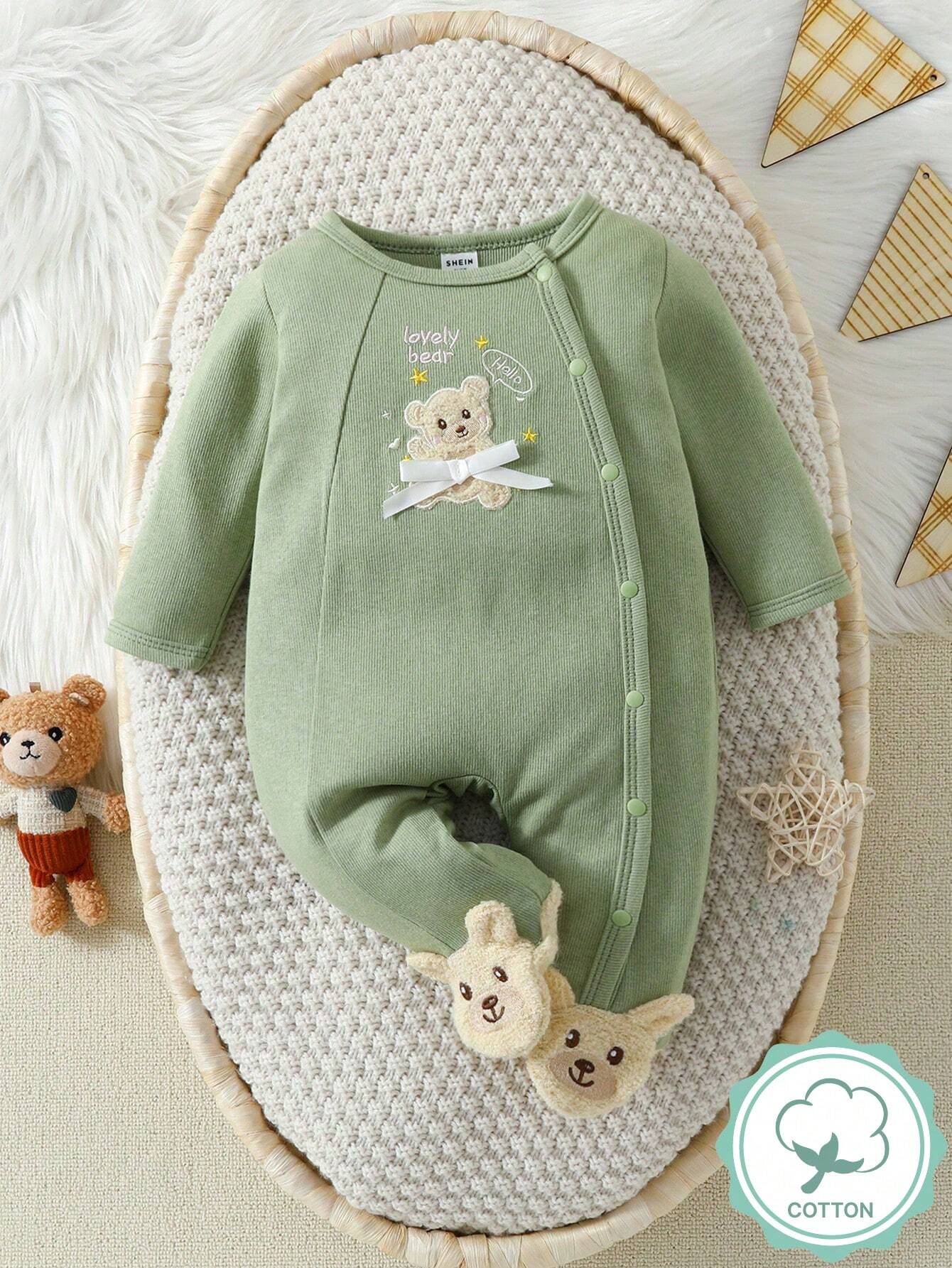 Baby Bear Embroidery Long Sleeve Sleepsuit With Footies – Mummy & Mee