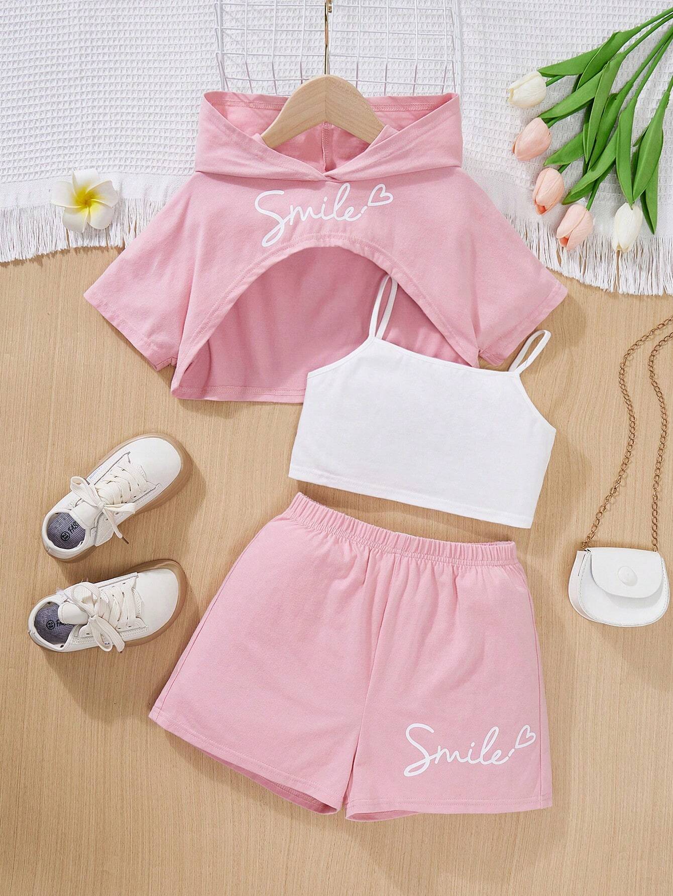 Knitted Solid Color Hooded Short Sleeve Shorts Set + Knitted Tank Top ...