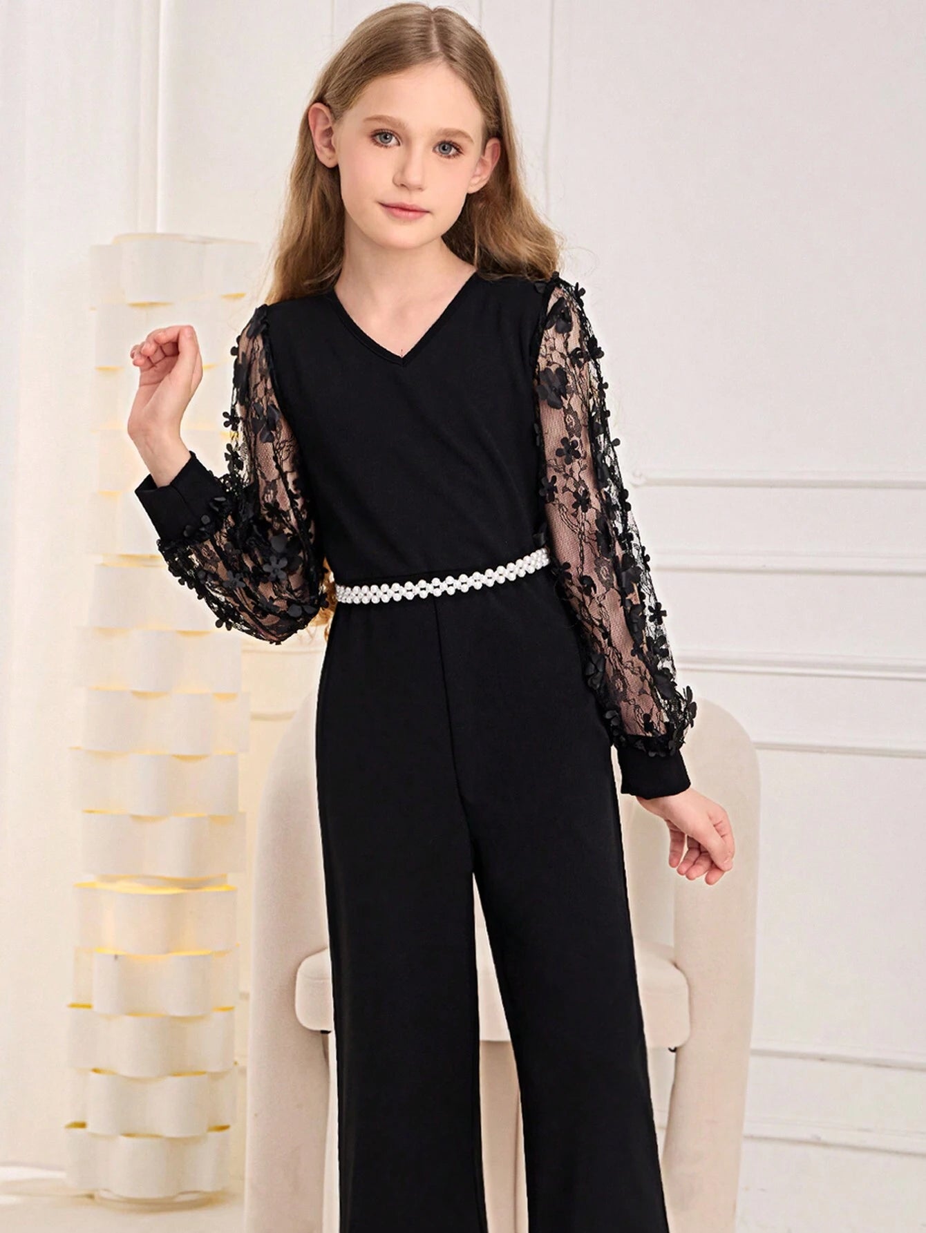 Tween Girl Appliques Mesh Sleeve Wide Leg Jumpsuit Without Belt – Mummy ...