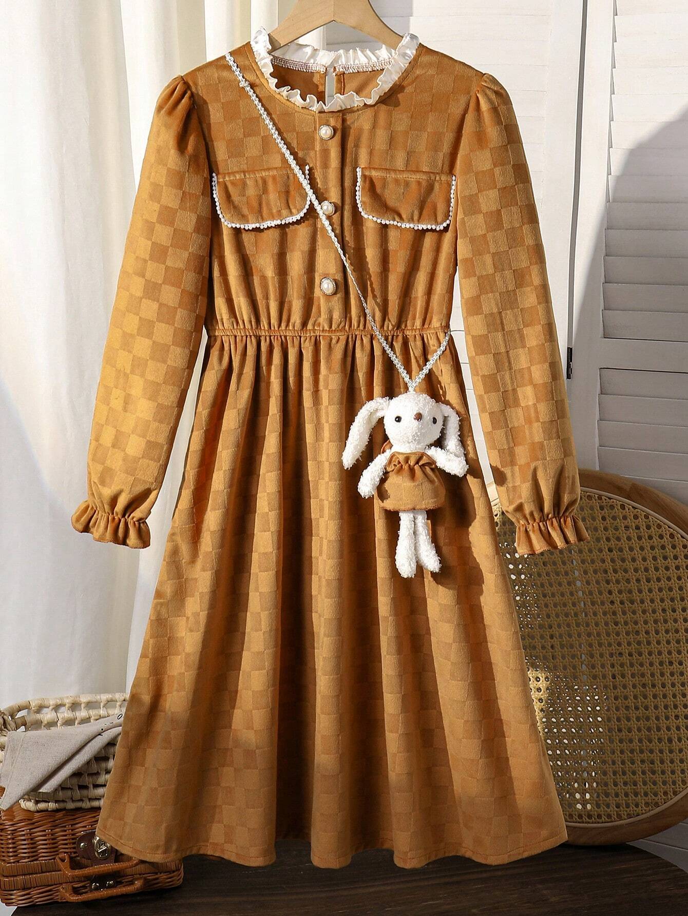 Tween Girl Pearl Pocket Ruffle Collar Dress With Bunny Decor – Mummy & Mee