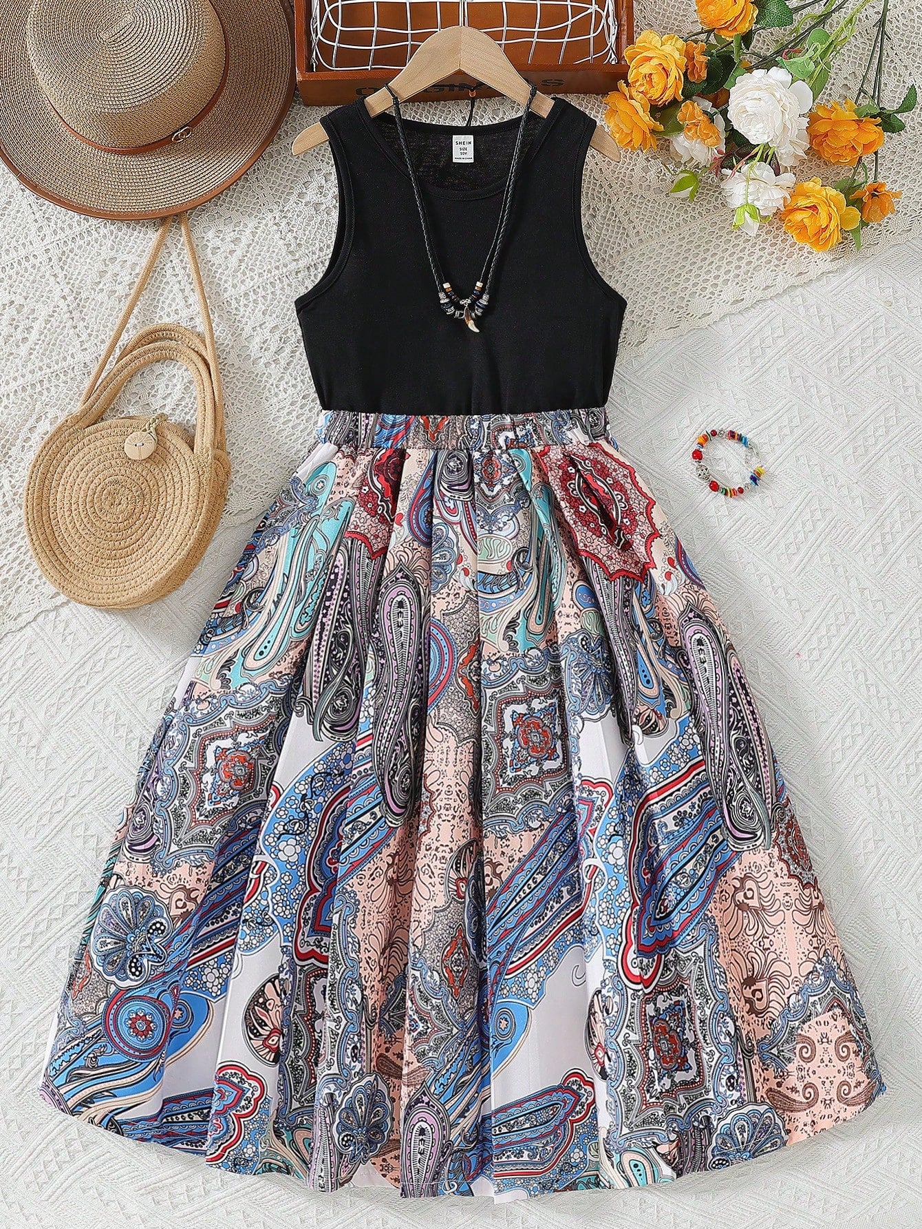 Tween Girl Paisley Print Elastic Waist Pleated Hem Dress – Mummy & Mee